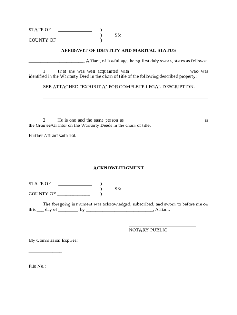 Affidavit of Identity and Marital Status Doc Template | pdfFiller