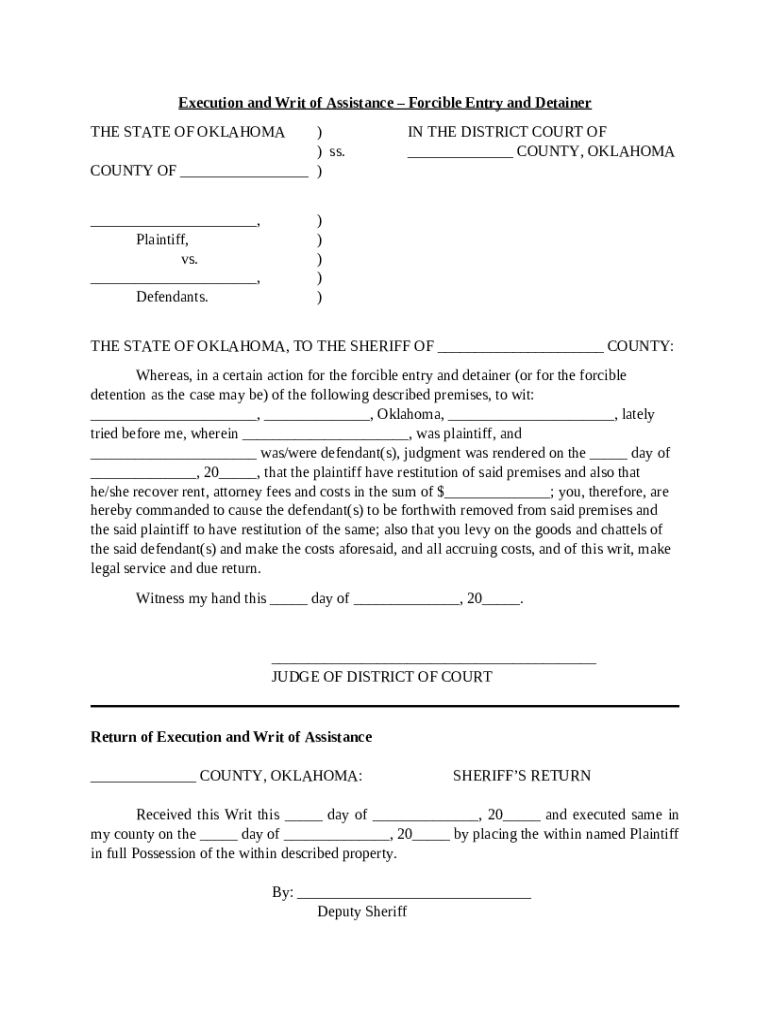 Execution and Writ of Assistance - Forcible Entry and Detainer Doc ...