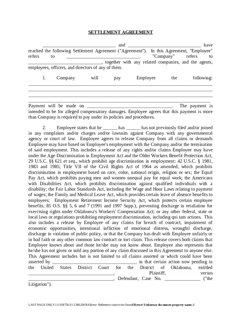 Settlement Agreement - Blank Fillable Template | Fill Out, Print ...