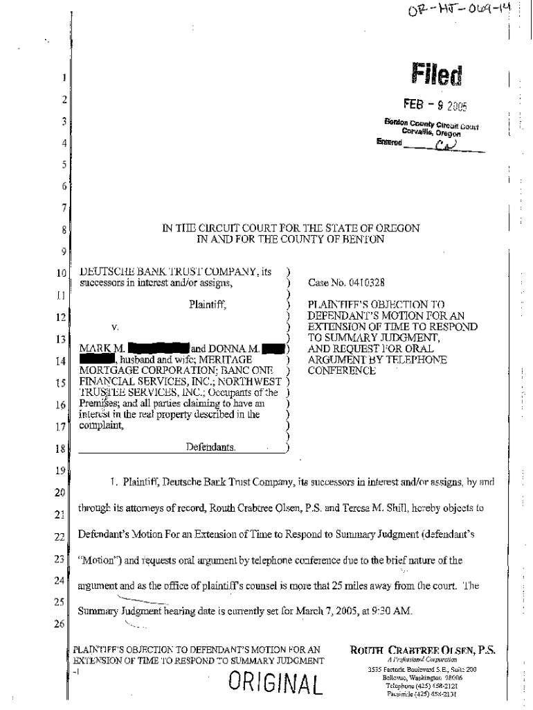Fillable Online A09 Plaintiff's Objection to Motion for an Extension of ...