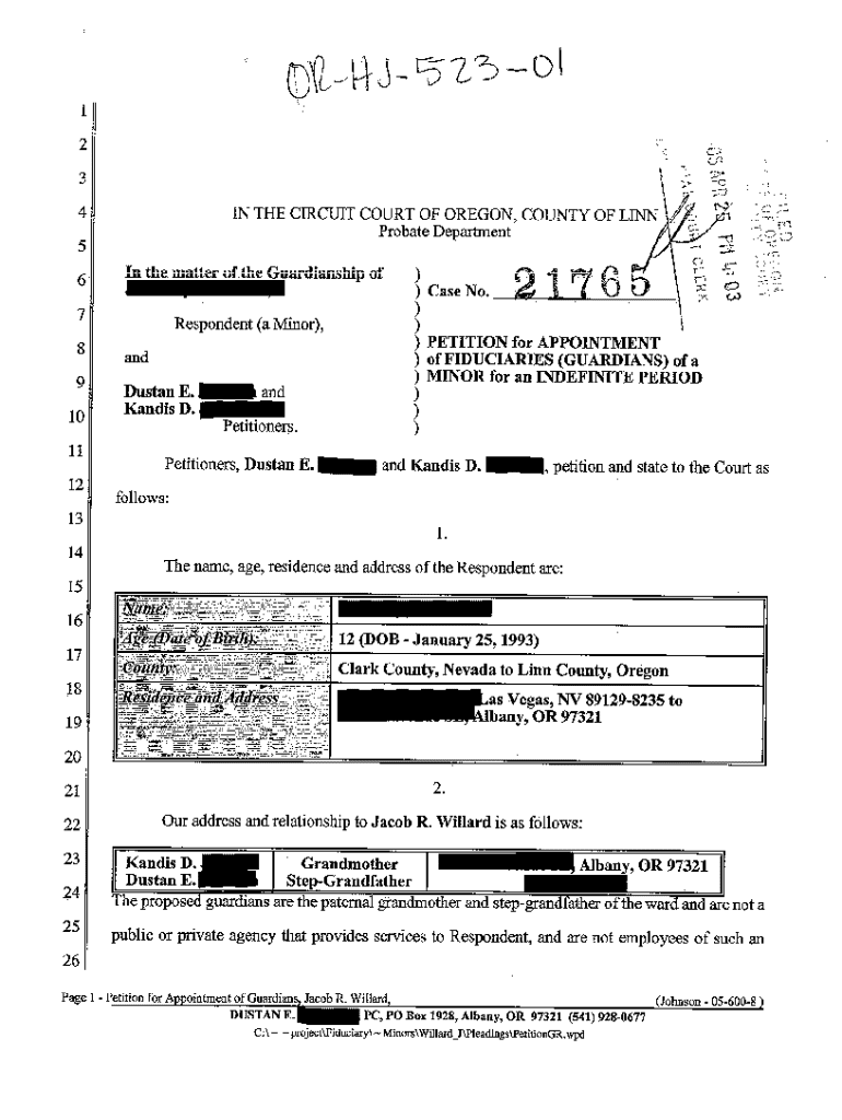 Fillable Online A01 Petition for Appointment of Guardians of a Minor ...
