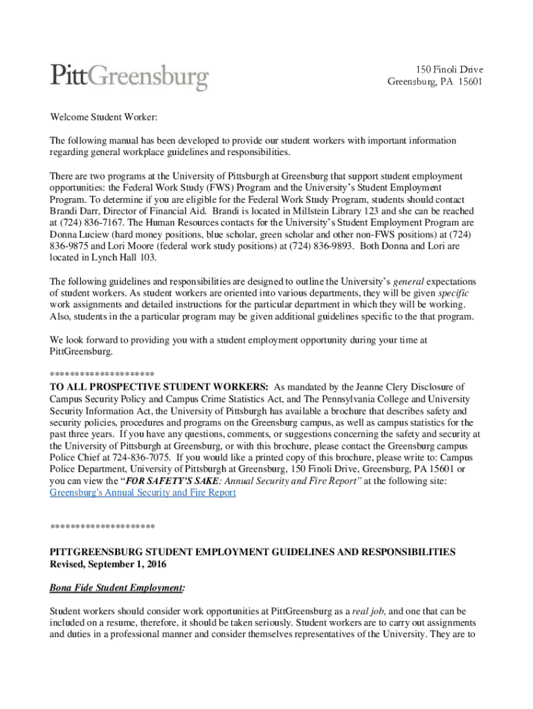 Fillable Online Pittgreensburg Student Employment Guidelines Fax Email ...