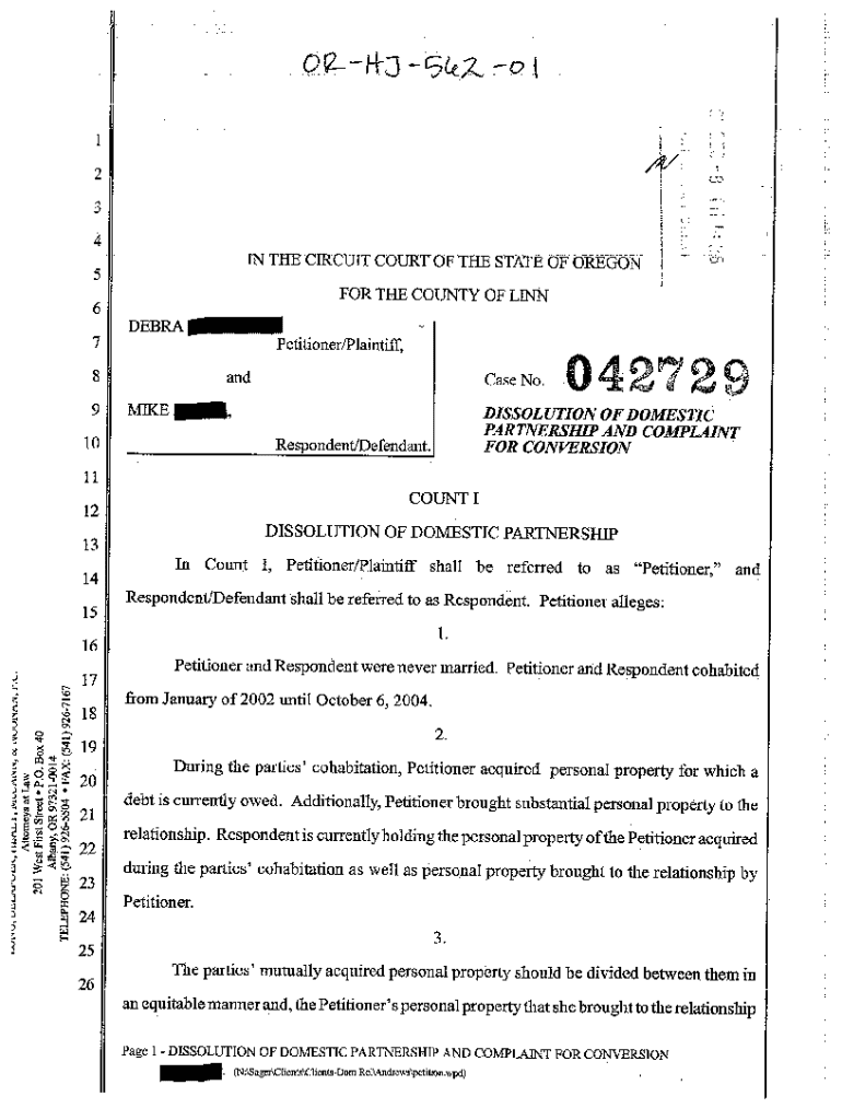 Fillable Online A01 Dissolution of Domestic Partnership and Complaint ...