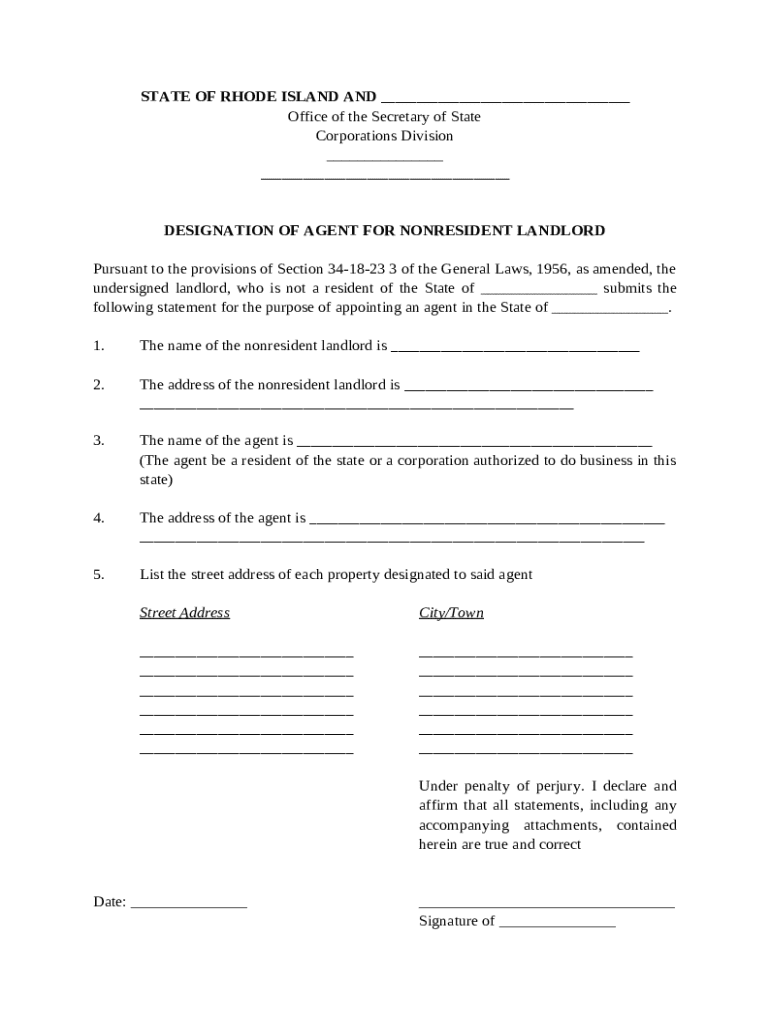 DESIGNATION OF AGENT FOR NONRESIDENT LANDLORD Doc Template | pdfFiller