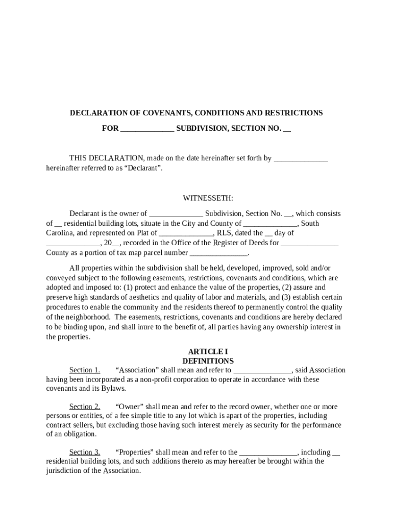 Declaration of Covenants, Conditions and Restrictions Doc Template | pdfFiller