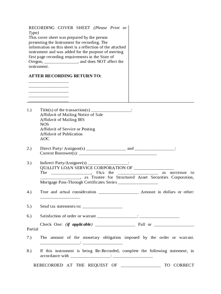 Recording Cover Sheet - Blank Fillable Template | Fill Out, Print ...