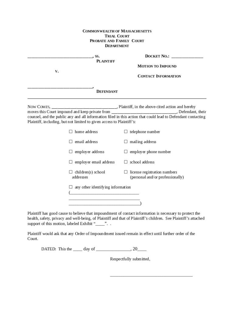 Motion to Impound Doc Template | pdfFiller