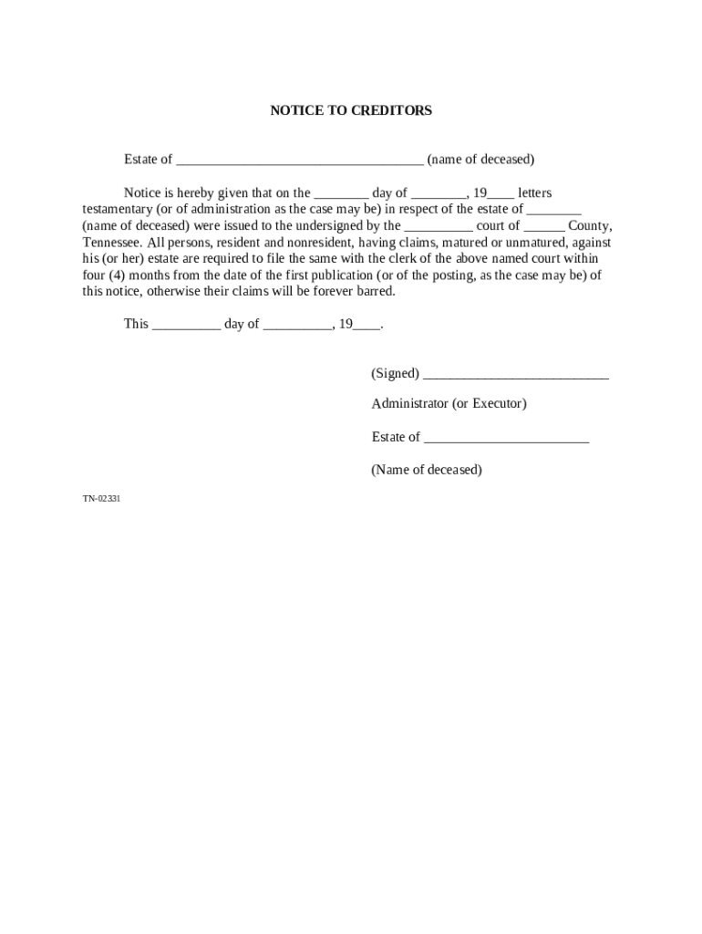 notice to creditors template Doc Template | pdfFiller