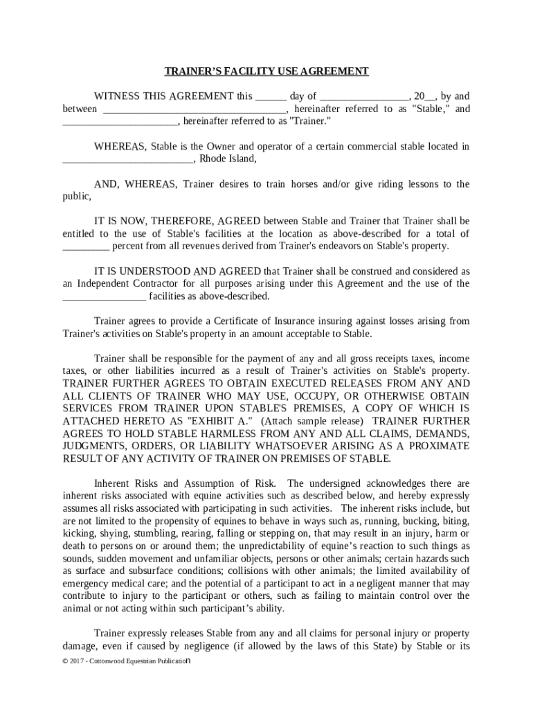 Trainer's Facility Use Agreement Doc Template | pdfFiller