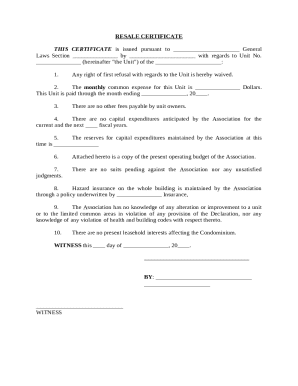 Resale Certificate Doc Template | pdfFiller