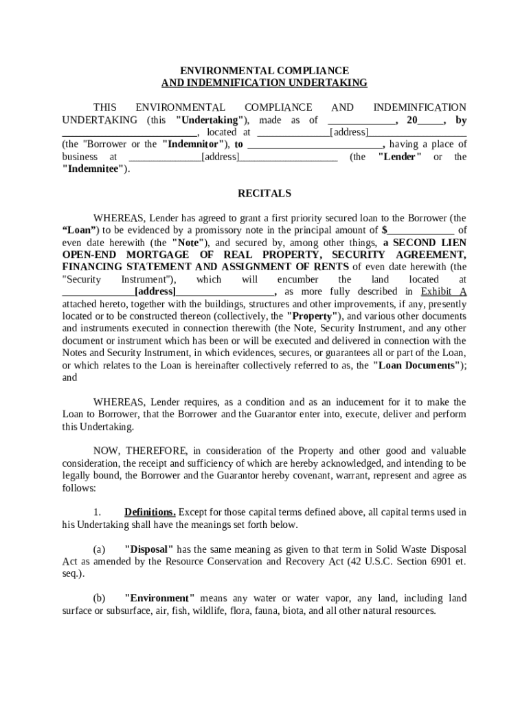 Environmental Compliance and Indemnification Undertaking Doc Template ...