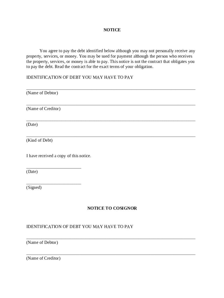 Notice to Consignor of responsibility for Debt Doc Template | pdfFiller