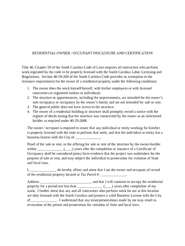 Residential Owner / Occupant Disclosure and Certification Doc Template ...