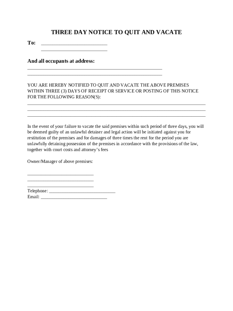 Three Day Notice to Quit and Vacate Doc Template | pdfFiller