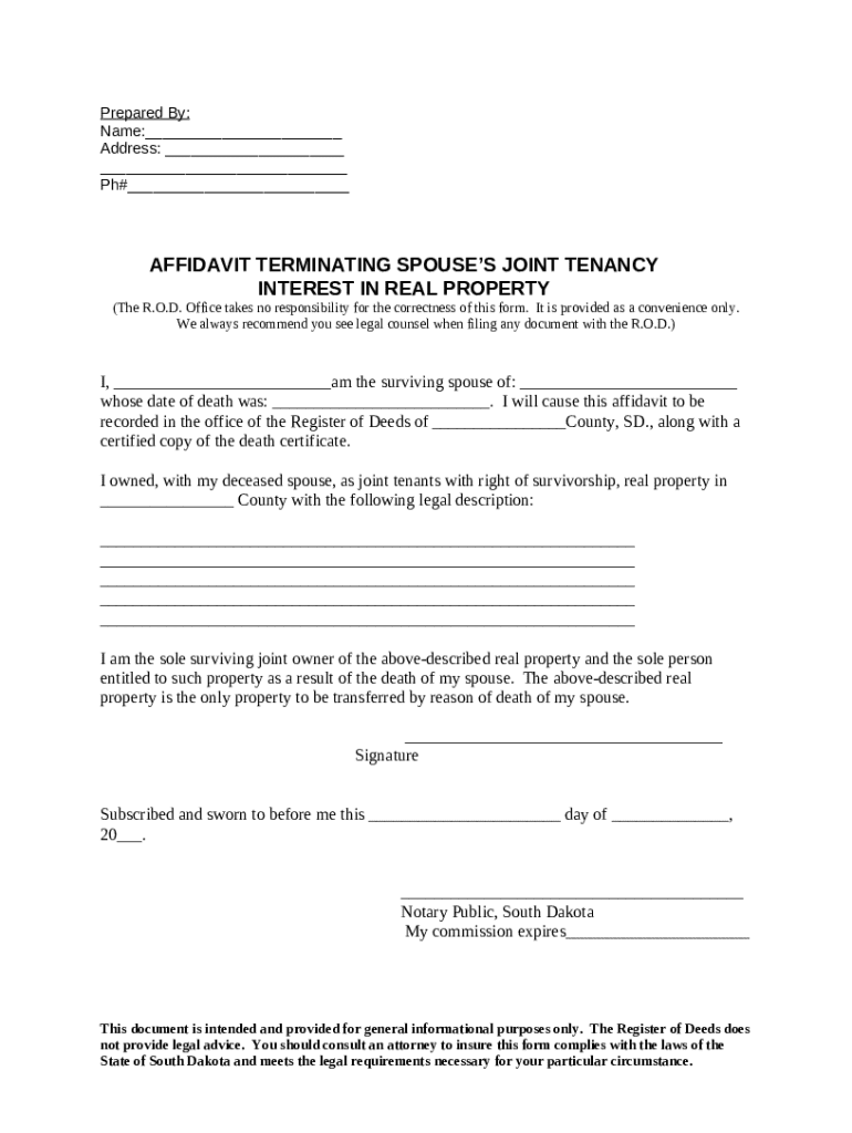 AFFIDAVIT TERMINATING SPOUSE'S JOINT TENANCY Doc Template | pdfFiller