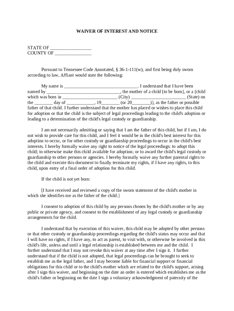 Tennessee Waiver of Interest and Notice - Blank Fillable Template ...