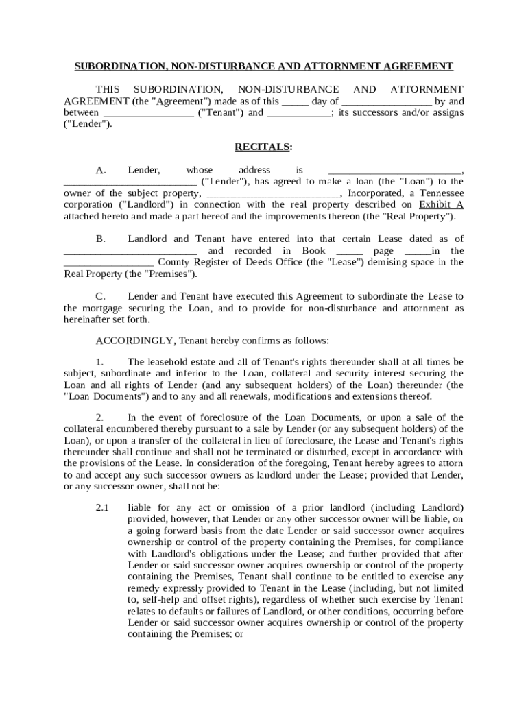 Subordination, Non-Disturbance and Attornment Agreement Doc Template ...