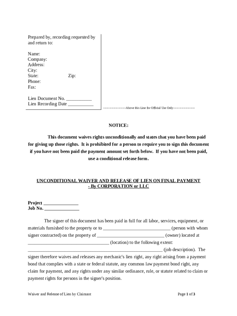 Unconditional Waiver and Release of Lien on Final Payment by a corporation or LLC Claimaint Doc ...