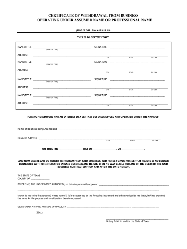 Fillable Online Withdrawal Notice of Assumed Name Fax Email Print ...