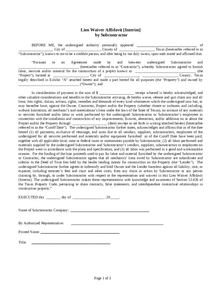 Lien Waiver Affidavit [interim] by Subcontractor Doc Template | pdfFiller
