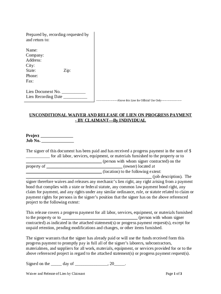 UNCONDITIONAL WAIVER AND RELEASE OF LIEN ON PROGRESS PAYMENT Doc Template | pdfFiller