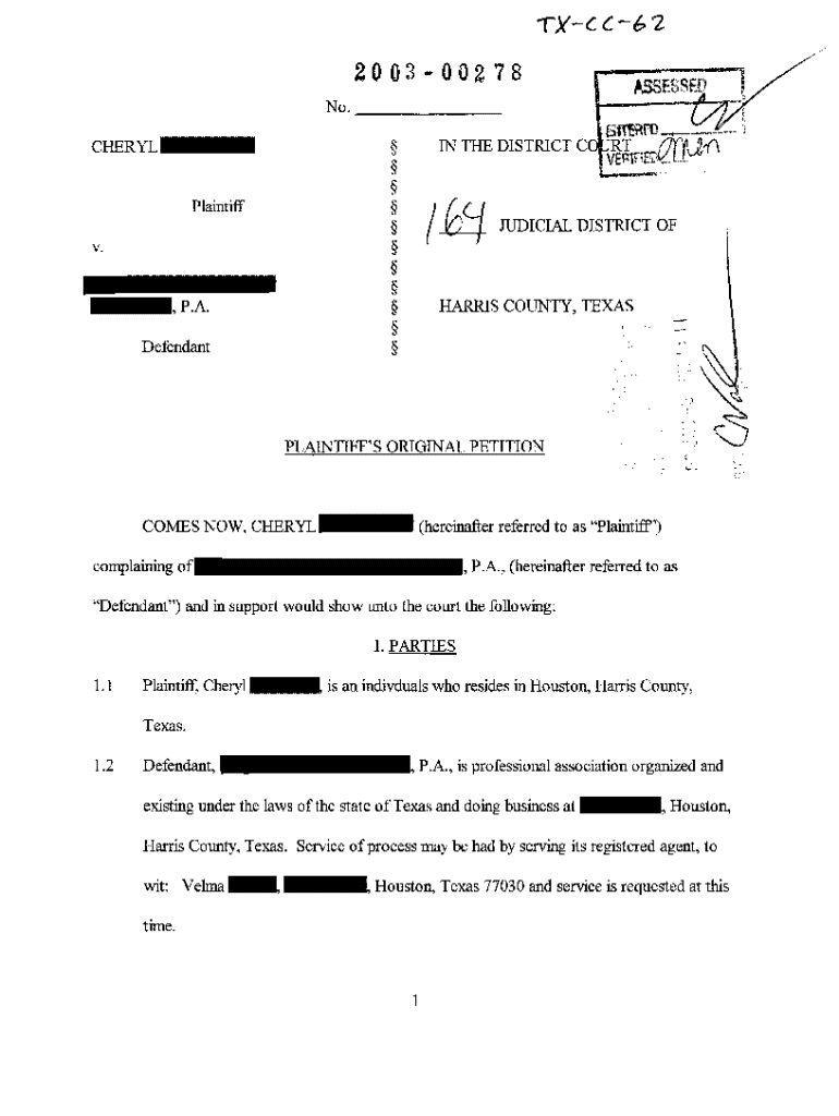 Fillable Online A01 Plaintiff's Original Petition for Medical Malpractice Fax Email Print ...