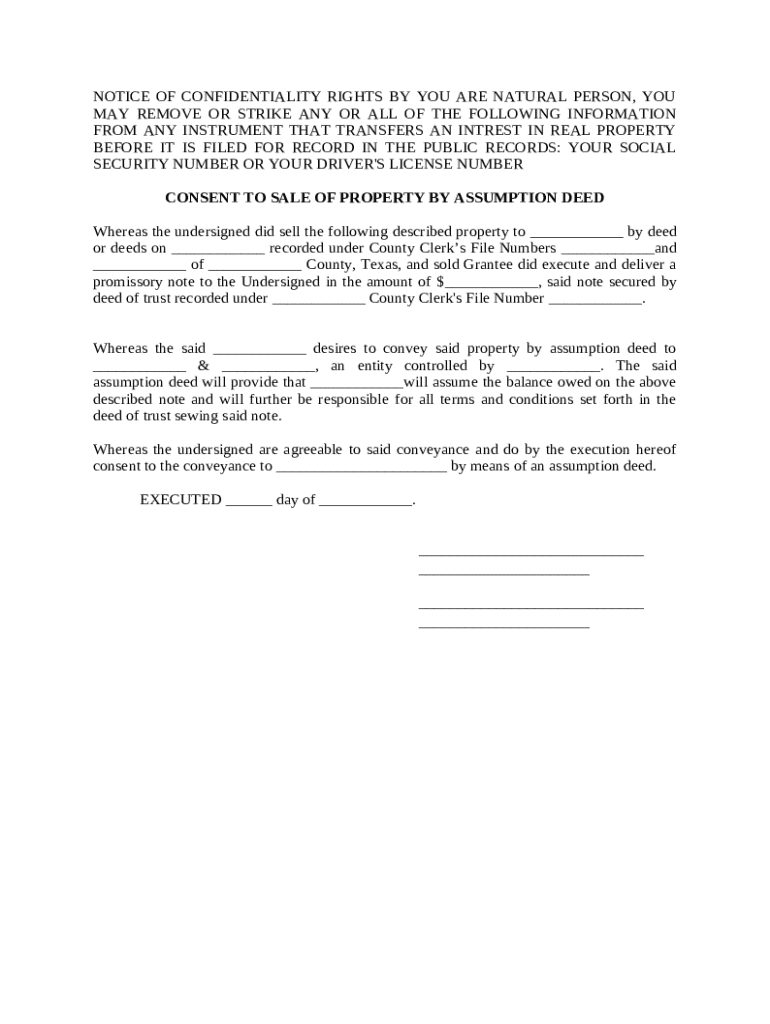 Consent to Sale of Property By Assumption DeedAssumption Deed Doc Template | pdfFiller