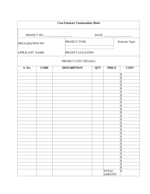 Cost Estimate Continuation Sheet Doc Template | pdfFiller