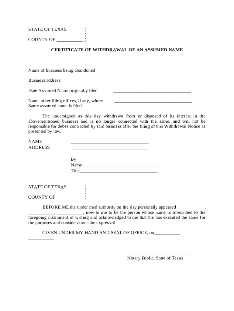 Texas Certificate of Withdrawal of an Assumed Name - Blank Fillable ...