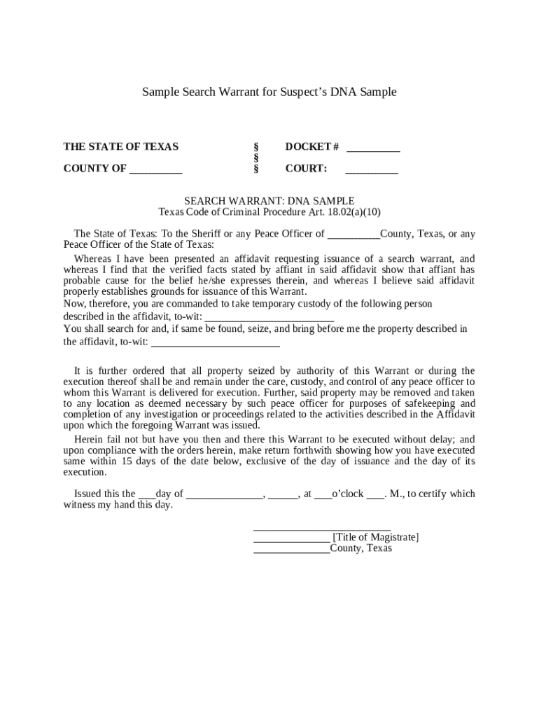 Sample Search Warrant for Suspect's DNA Sample Doc Template | pdfFiller