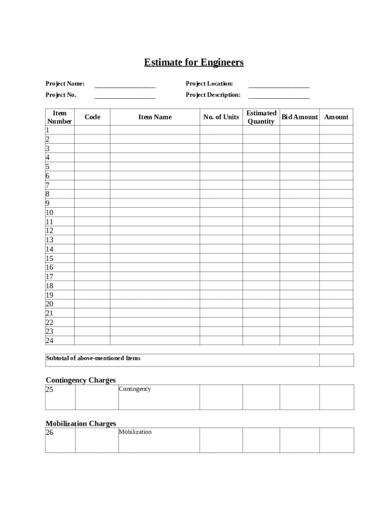 Engineer's Estimate Doc Template | pdfFiller