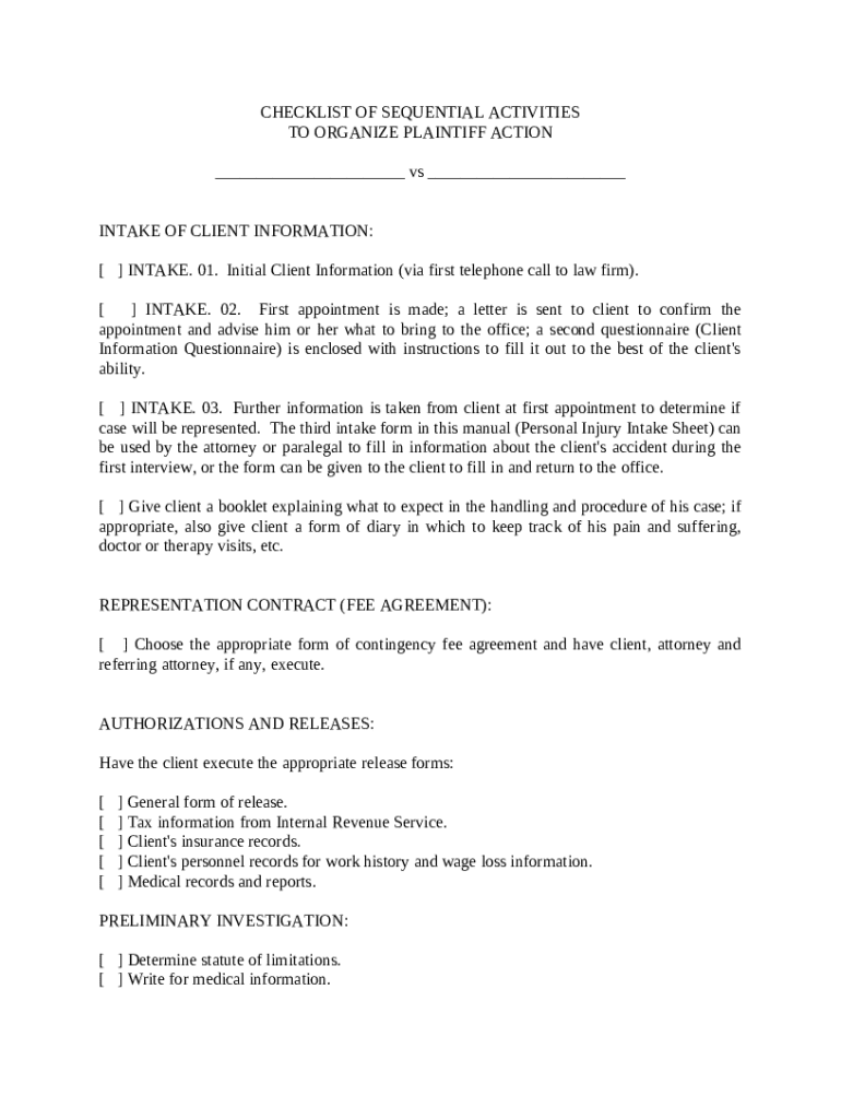 Checklist of Sequential Activities to Organize Plaintiff Action Doc Template | pdfFiller
