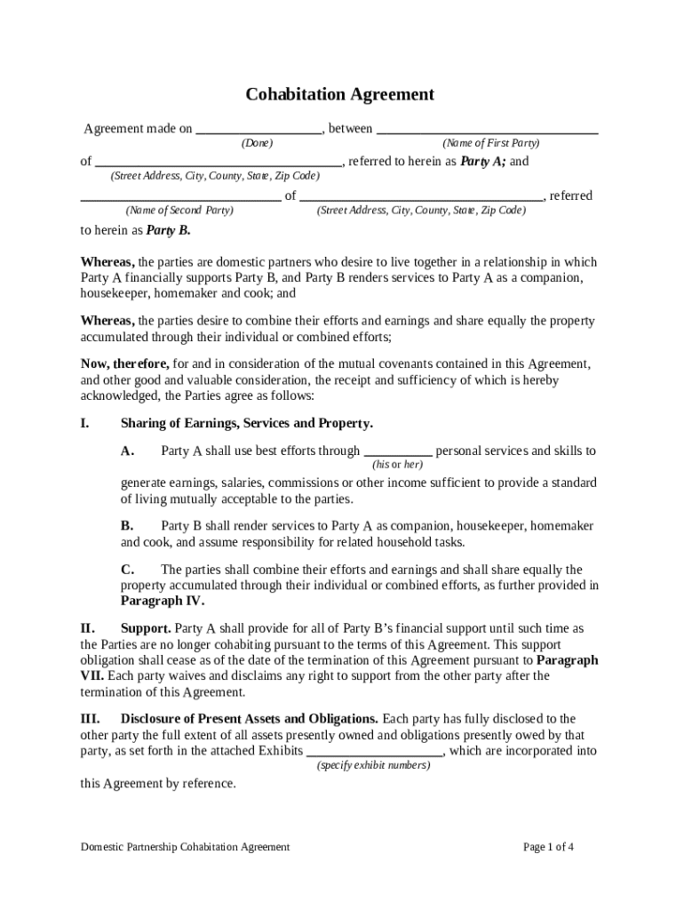 Domestic Partnership Cohabitation Agreement - Blank Fillable Template ...