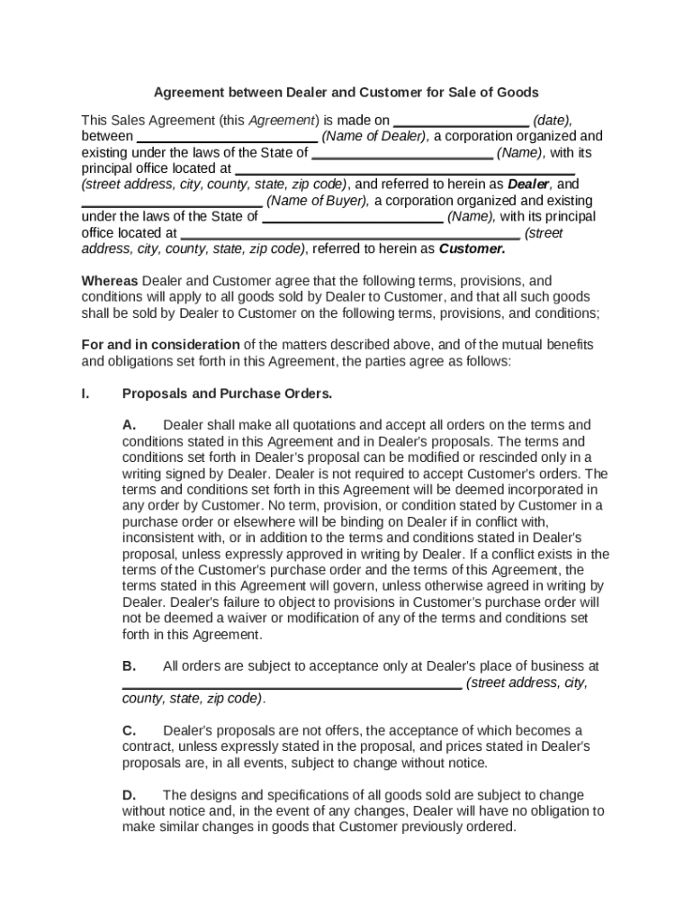 Dealer Customer Sales Agreement - Blank Fillable Template | Fill Out ...