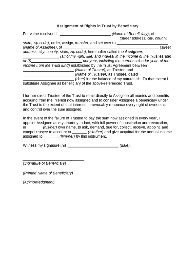 Assignment of Rights in Trust by Beneficiary Doc Template | pdfFiller