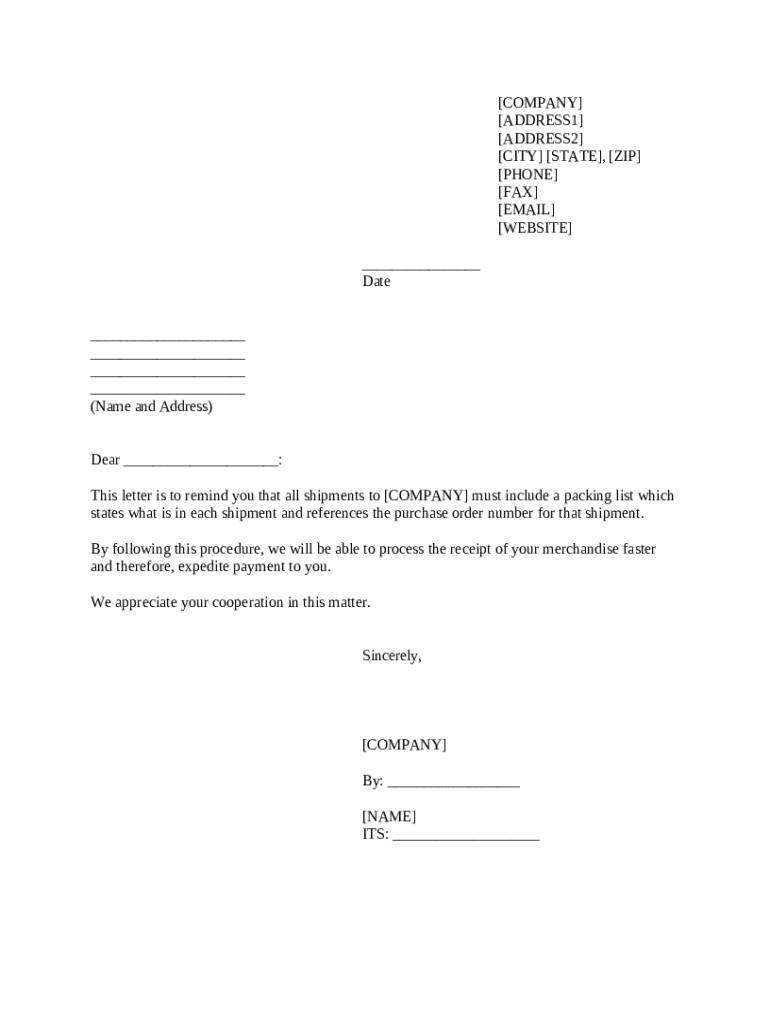 Shipping Packing List Reminder Letter - Blank Fillable Template | Fill ...