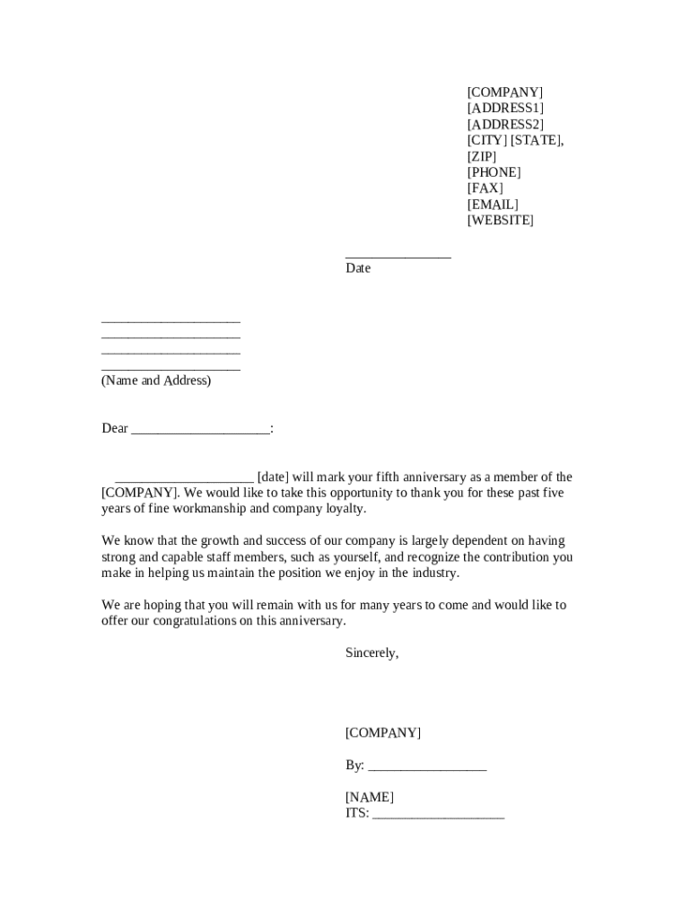 Congratulations to Employee on 5 Year Completion Doc Template | pdfFiller