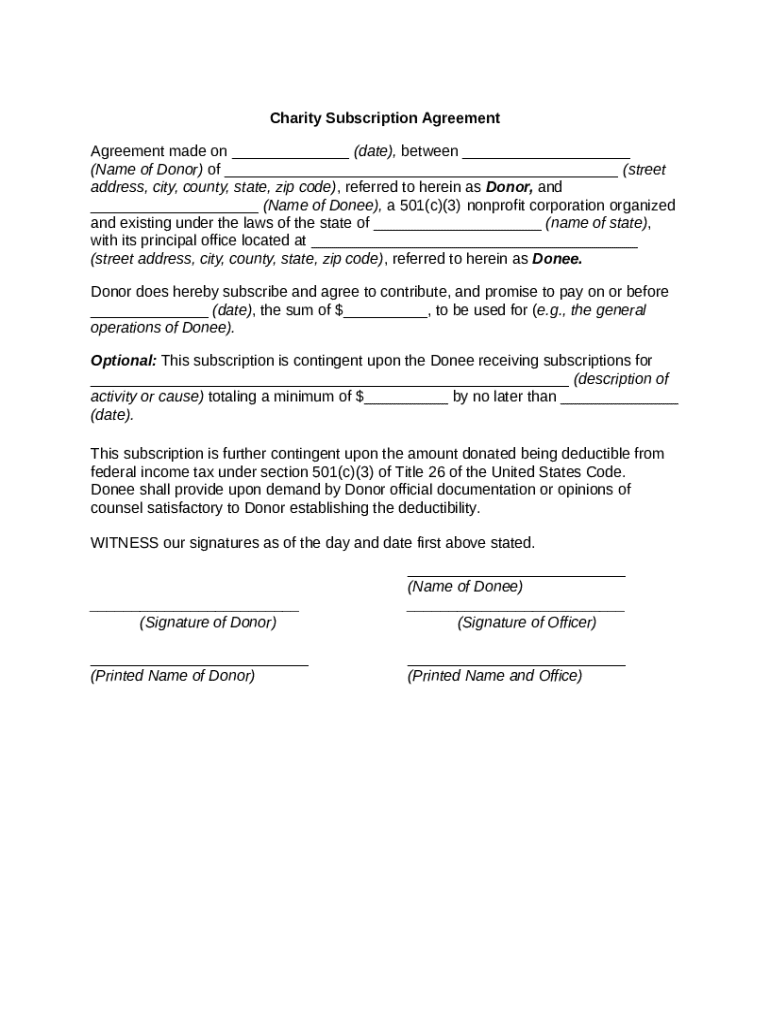 Charity Subscription Agreement Doc Template | pdfFiller