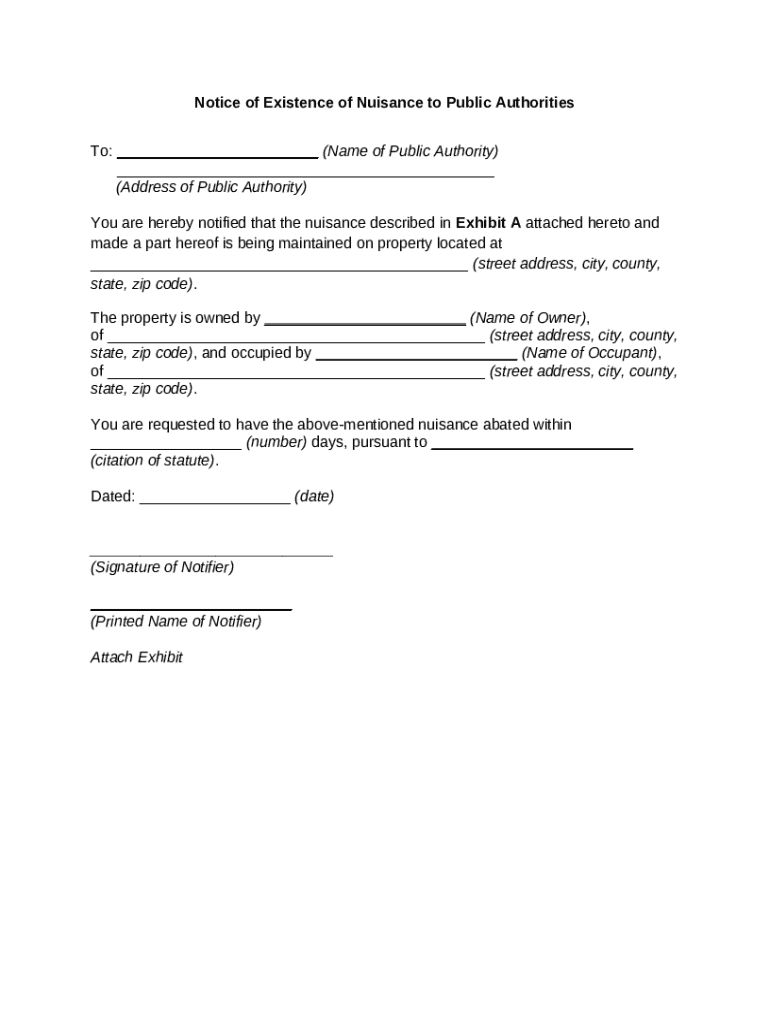 Notice of Existence of Nuisance to Public Authorities Doc Template ...