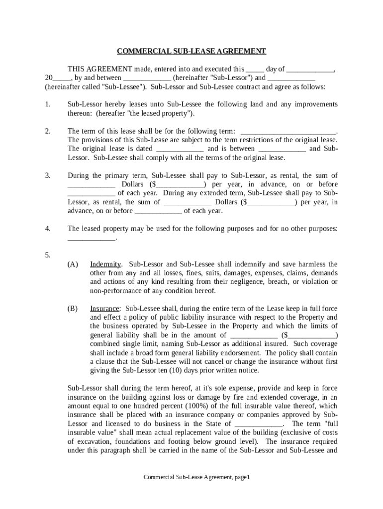 Commercial Sub-lease Agreement Doc Template | pdfFiller