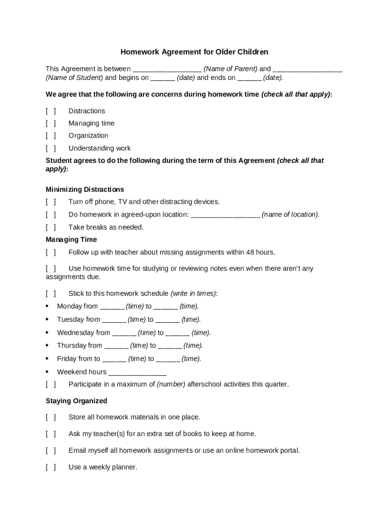 Homework Agreement for Older Children Doc Template | pdfFiller