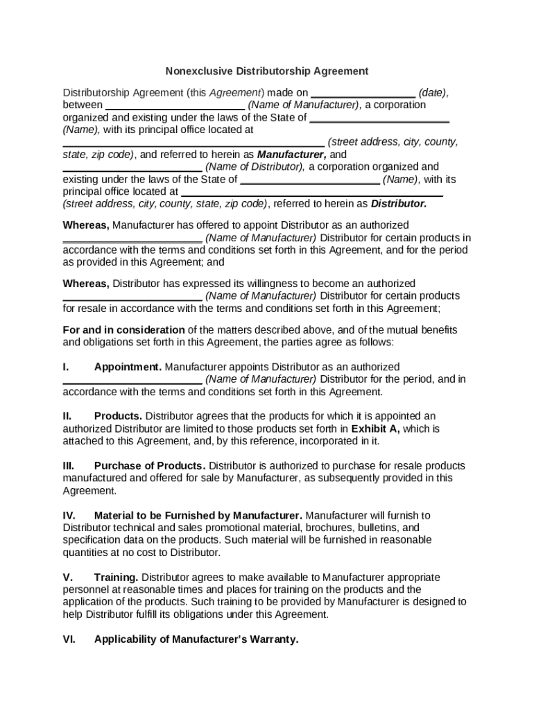 Nonexclusive Distributorship Agreement Doc Template | pdfFiller