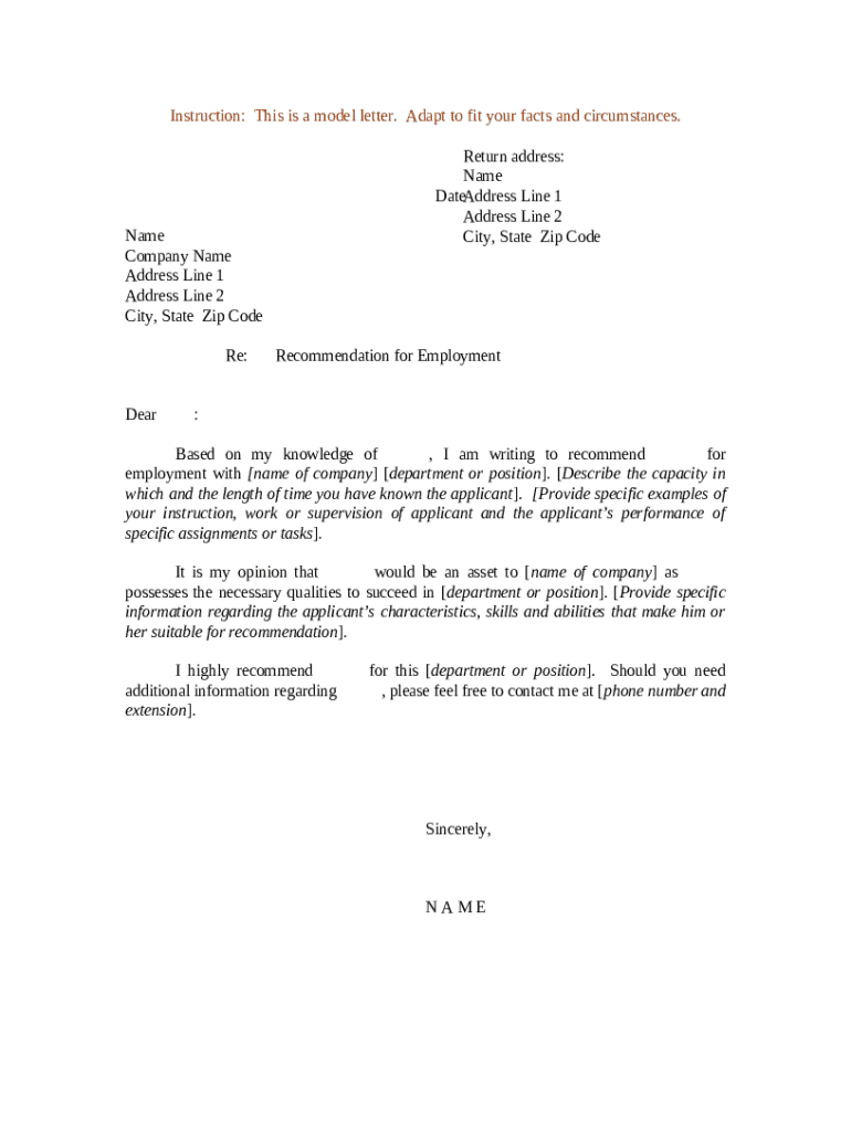 Letter of Recommendation Template for Job Doc Template | pdfFiller