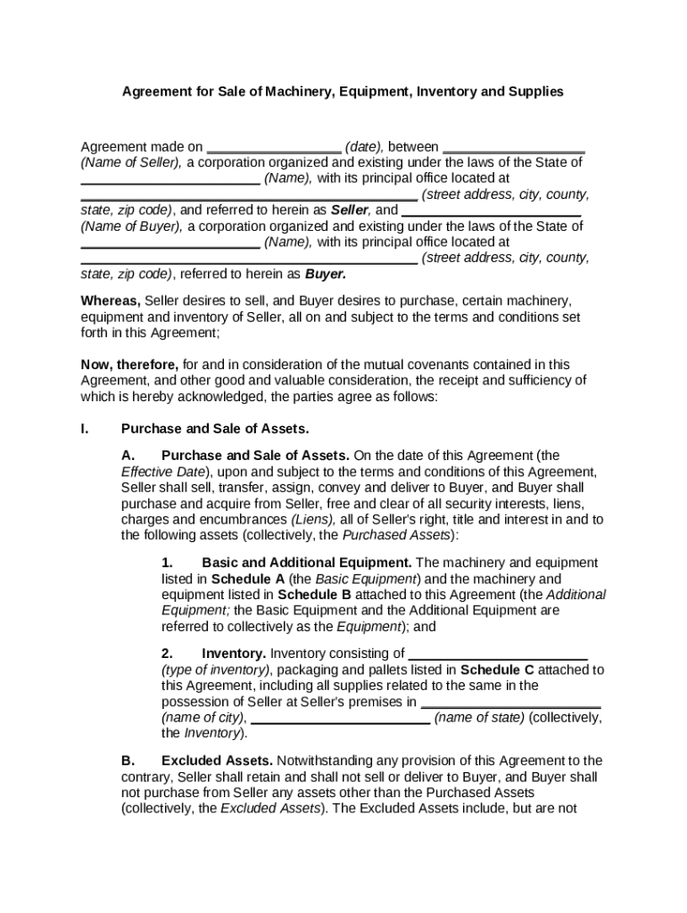 Agreement for Sale of Machinery, Equipment, Inventory and Supplies Doc ...