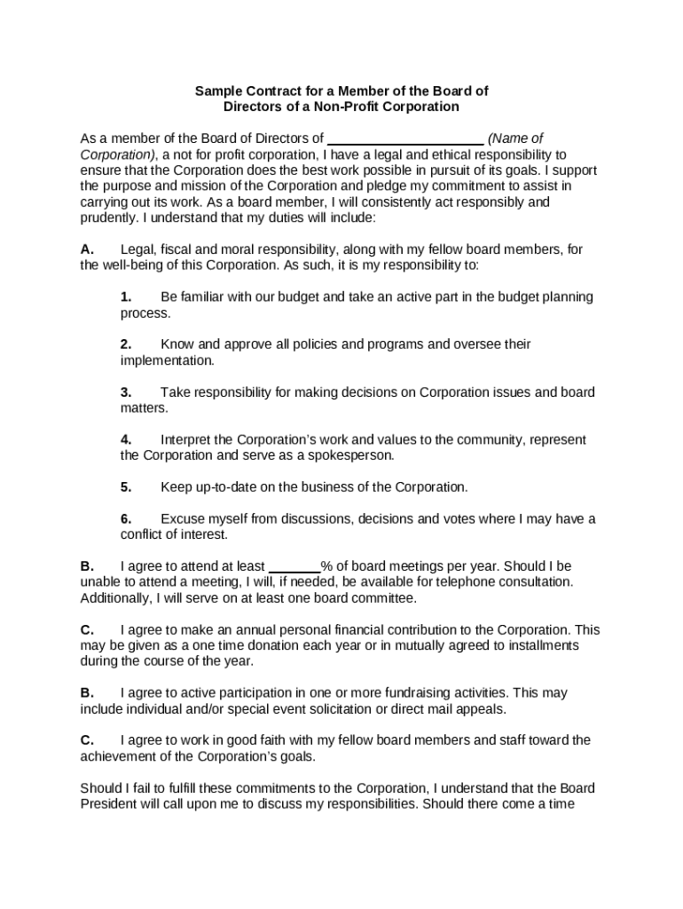 Sample Contract for a Member of the Board ofDirectors of a Non-Profit ...