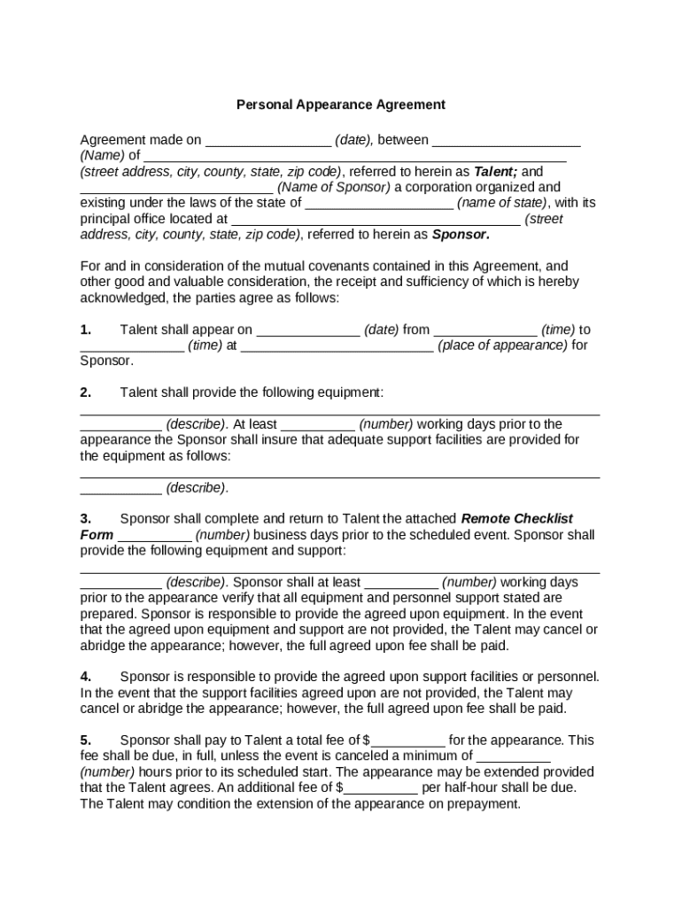 Personal Appearance Agreement Doc Template | pdfFiller