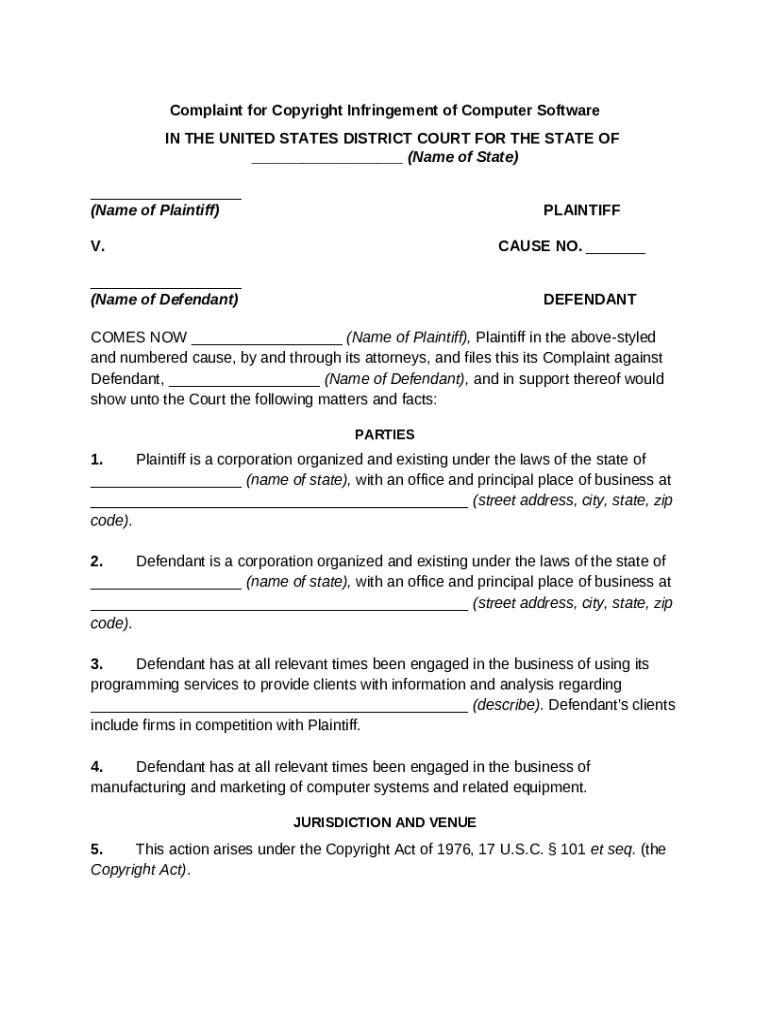 Complaint for Copyright Infringement of Computer Software Doc Template ...
