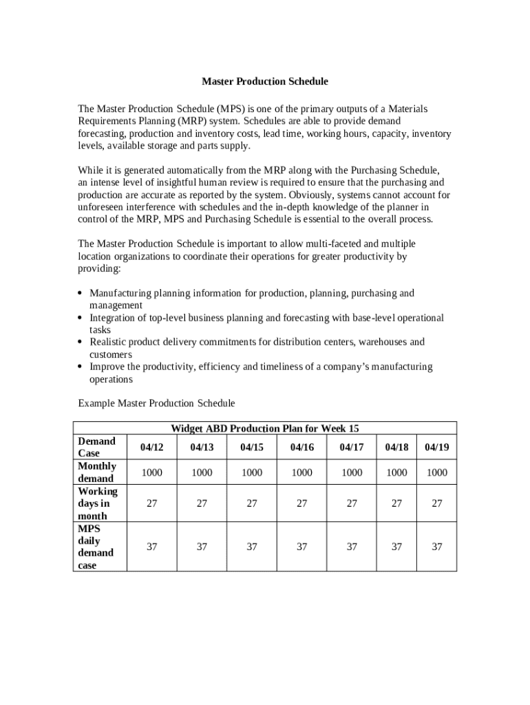 Master Production Schedule Doc Template | pdfFiller