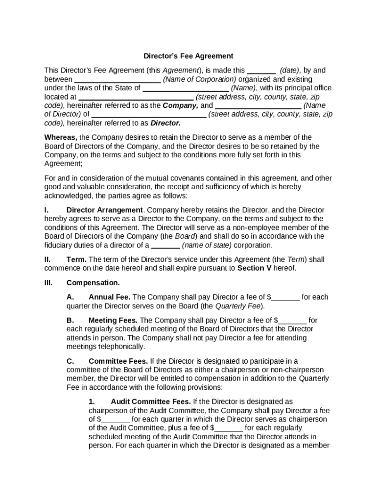 Director's Fee Agreement Doc Template | pdfFiller