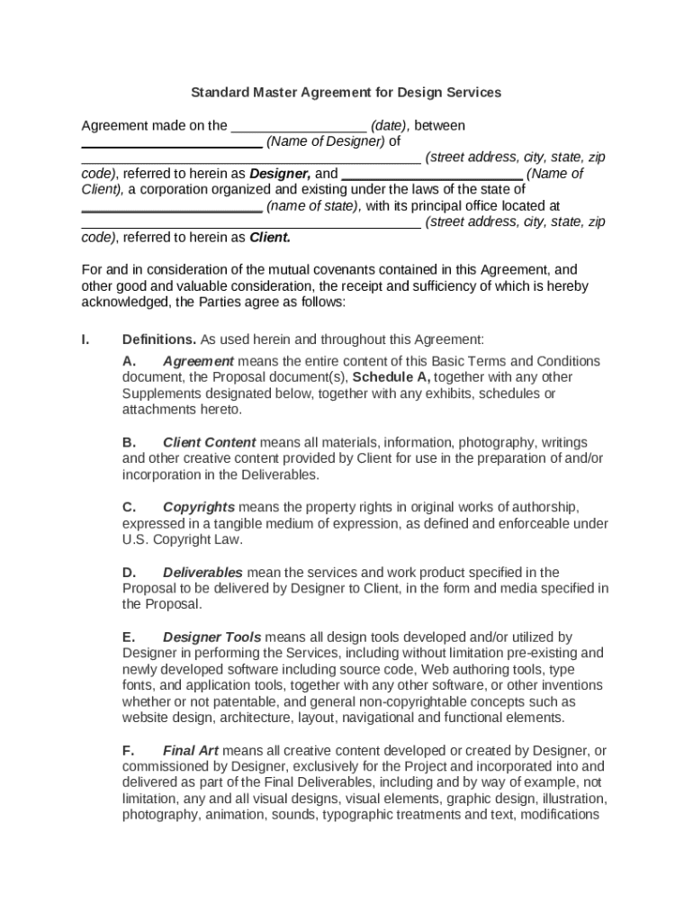 Standard Master Agreement for Design Services - Blank Fillable Template ...
